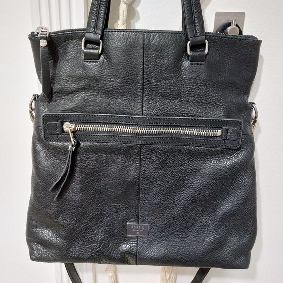 Fossil | Bags | Fossil Explorer Black Leather Foldover Tote Shoulder ...